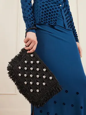 Rabanne Fringed Studded Raffia Clutch