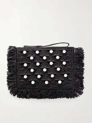 Rabanne Fringed Studded Raffia Clutch - Black