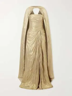 MARMAR HALIM Cape-effect Plissé Metallic-satin Gown - Gold