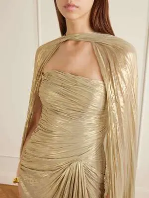 MARMAR HALIM Cape-effect Plissé Metallic-satin Gown