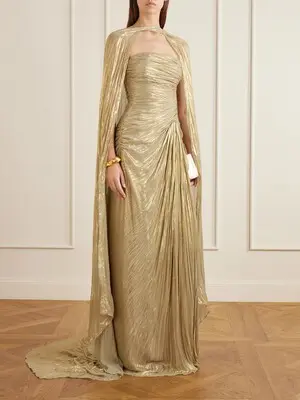 MARMAR HALIM Cape-effect Plissé Metallic-satin Gown - Gold