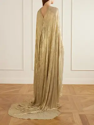 MARMAR HALIM Cape-effect Plissé Metallic-satin Gown - Gold