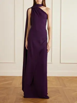 MARMAR HALIM One-shoulder Satin Gown With Trailing Scarf Detail