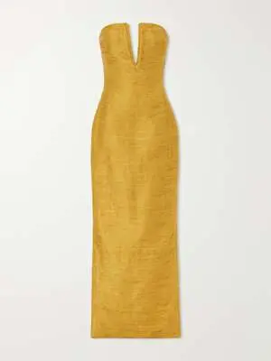 MARMAR HALIM Cape-effect Plissé Satin Gown - Mustard