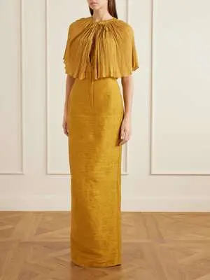 MARMAR HALIM Cape-effect Plissé Satin Gown