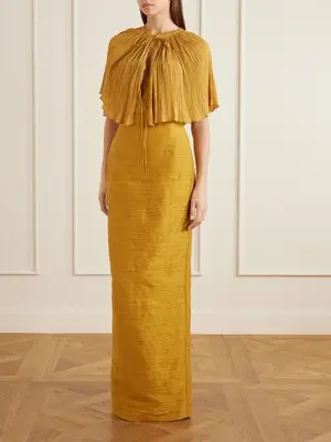 MARMAR HALIM Cape Effect Plissé Satin Gown