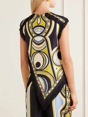 La DoubleJ Fringed Asymmetric Printed Silk-twill Top