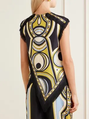 La DoubleJ Asymmetric Fringed Printed Silk Twill Top - Black