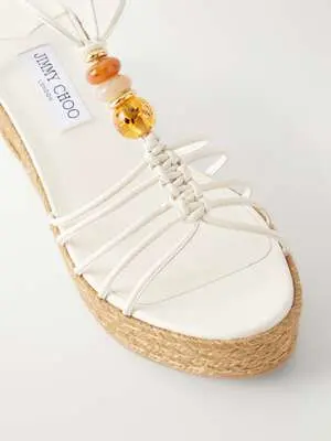 JIMMY CHOO Lemi 50 Bead-embellished Leather Wedge Sandals