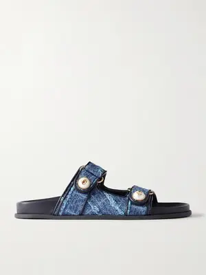 JIMMY CHOO Fayence Embellished Frayed Denim Sandals - Blue