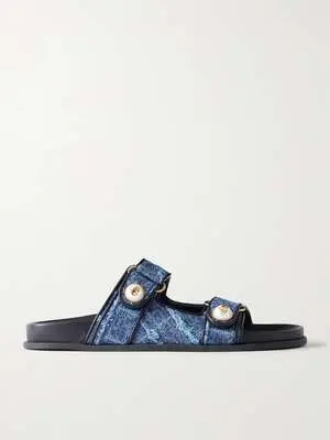 JIMMY CHOO Fayence Embellished Frayed Denim Sandals - Mid Denim