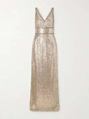 Jenny Packham Odina Crystal-embellished Sequin Tulle Gown - Beige