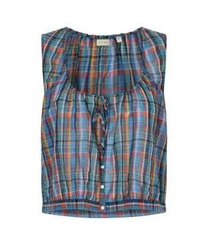 DÔEN Gathered Checked Organic Cotton-voile Top - Blue