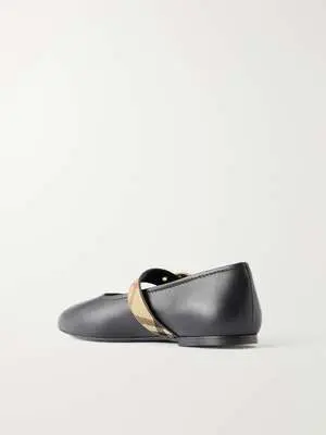 Burberry Check-trimmed Leather Mary Jane Ballet Flats