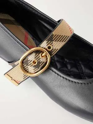 Burberry Check-trimmed Leather Mary Jane Ballet Flats