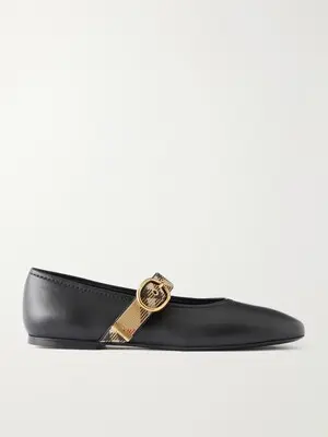 Burberry Leather Mary Jane Ballet Flats With Checked Strap - Black