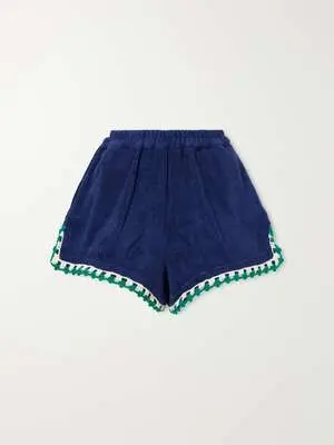 TERRY PUESTO Estate Crochet-trimmed Organic Cotton-terry Shorts - Blue