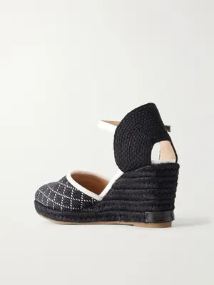 Manolo Blahnik Espadrahi 90 Leather-trimmed Woven Canvas Espadrille Wedge Pumps - Black