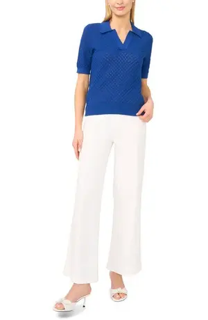 Halogen Pointelle Short Sleeve Cotton Polo Sweater - Ocean Waves