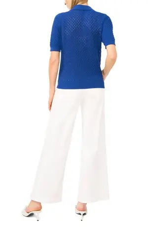 Halogen Pointelle Short Sleeve Cotton Polo Sweater - Ocean Waves