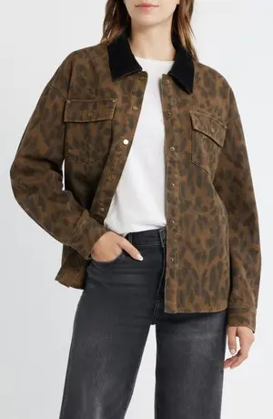 THREAD & SUPPLY Leopard Print Cotton Denim Shacket - Brown Leopard