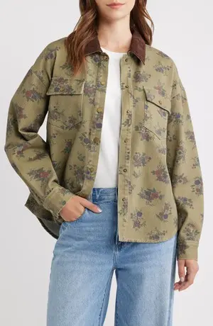 THREAD & SUPPLY Leopard Print Cotton Denim Shacket - Forest Multi