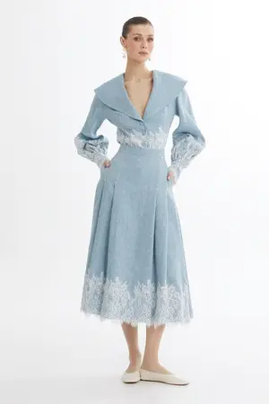 GIZIA Lace Trim Linen Midi Skirt