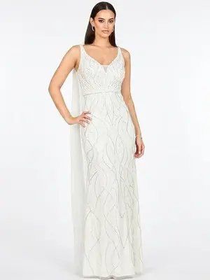 LARA NEW YORK Beaded V-neck Sheath Gown With Cape Detail - Ivory