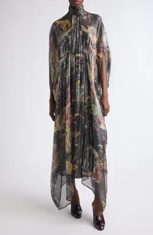 Etro Metallic Stripe Print Silk Chiffon Dress - Black