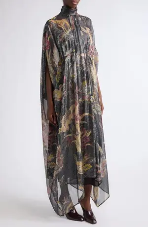 Etro Metallic Stripe Print Silk Chiffon Dress