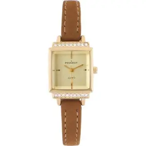 PEUGEOT Small Face Crystal Bezel Suede Watch- 22mm - Brown