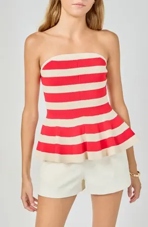 Endless Rose Stripe Strapless Knit Peplum Top - Red/cream