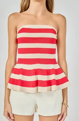 Endless Rose Stripe Strapless Knit Peplum Top