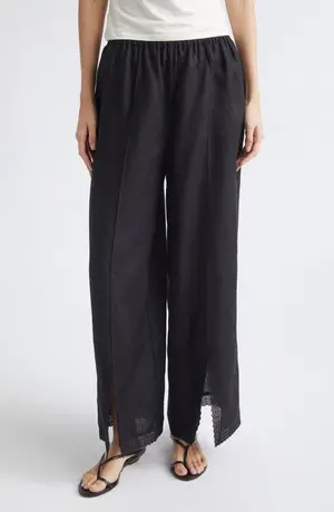 Posse Alfie Lace Trim Wide Leg Linen Pants - Black