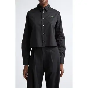 Undercover Boxy Cropped Shirt With Ruched Sleeves And Beaded Logo - Black