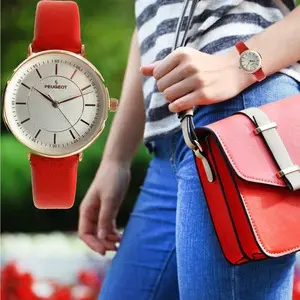 PEUGEOT Modern Round Calfskin Leather Watch- 30mm - Red