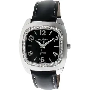 PEUGEOT Boyfriend Crystal Bezel Leather Watch- 40mm - Black