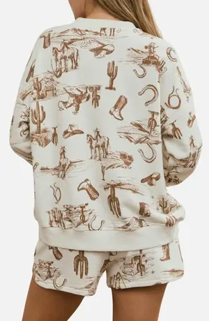 J.O.A. Western Graphic Cotton Blend Top & Shorts Set
