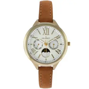 PEUGEOT Sun Moon Multi Function Suede Strap Watch38mm - Brown