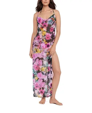Steve Madden Mesh Cowl Neck Maxi Dress With High Slits Cover Up - Multi