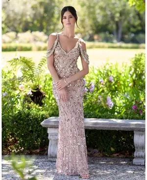 Mac Duggal Sequin Embellished V-neck Gown