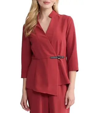 Misook Buckle Detail Crepe Wrap Blouse - Russet