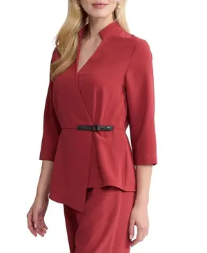 Misook Buckle Detail Crepe Wrap Blouse