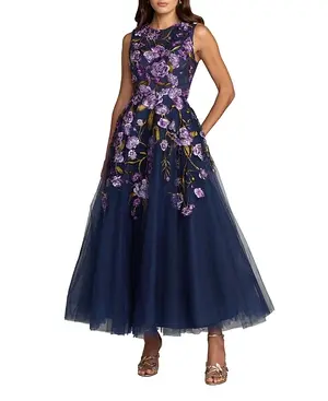 Mac Duggal Embroidered Sleeveless A-line Midi Dress - Midnight Multi