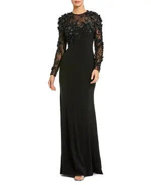 Mac Duggal Petite Long Sleeve Floral Embellished Column Gown - Black