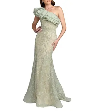Mac Duggal Embroidered Organza One Shoulder Beaded Gown - Sage