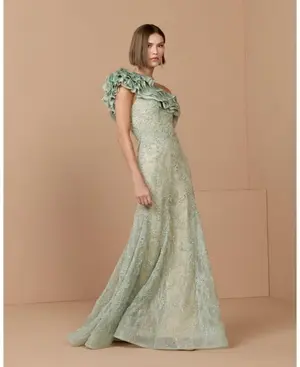 Mac Duggal Embroidered Organza One Shoulder Beaded Gown