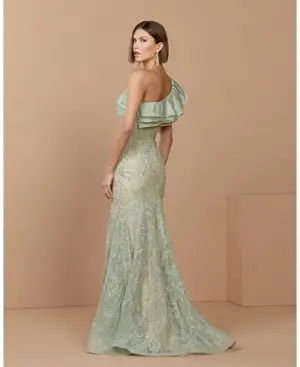 Mac Duggal Embroidered Organza One Shoulder Beaded Gown
