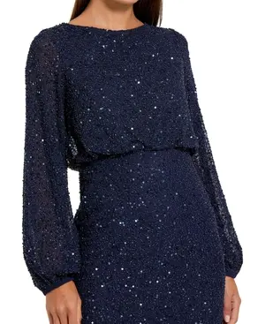 Mac Duggal Sequin Blouson Long Sleeve Gown