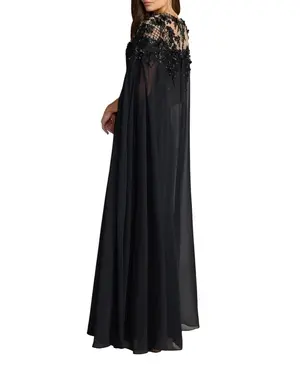 Mac Duggal Floral Embellished Crepe Gown With Chiffon Cape
